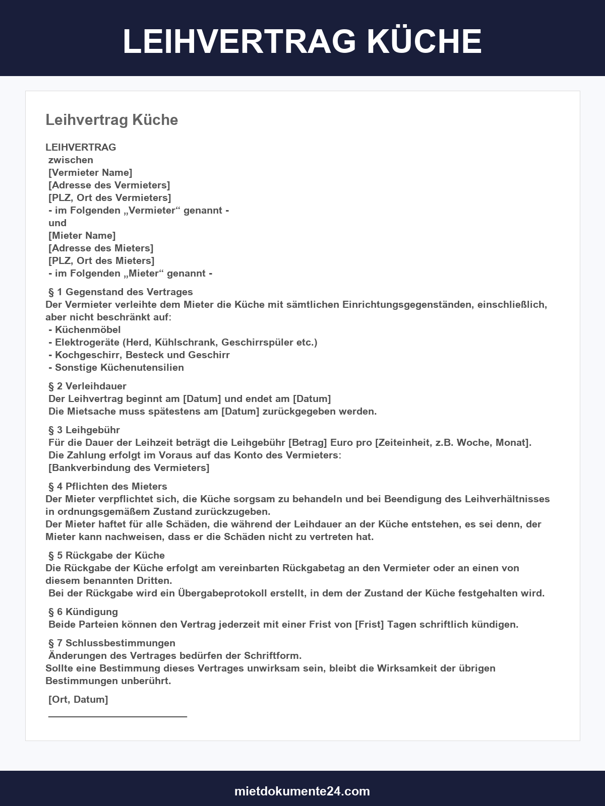 Leihvertrag Küche Vorlage